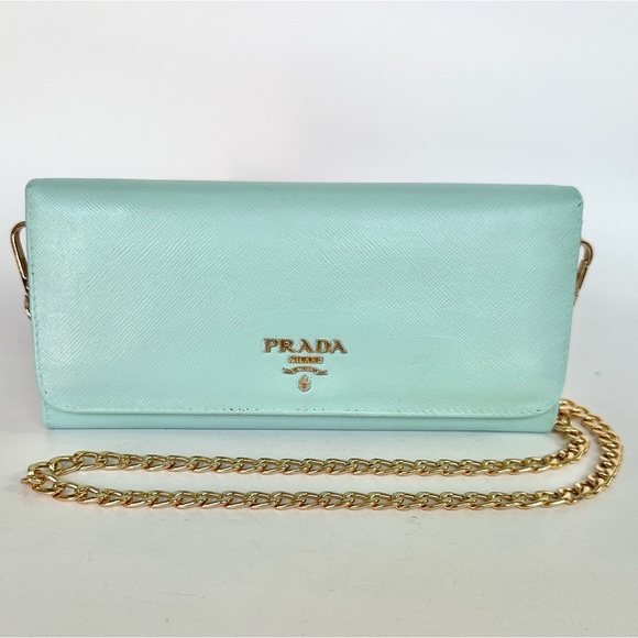 Prada | Bags | Prada Logo Plate Baby Blue Saffiano Leather Wallet On ...